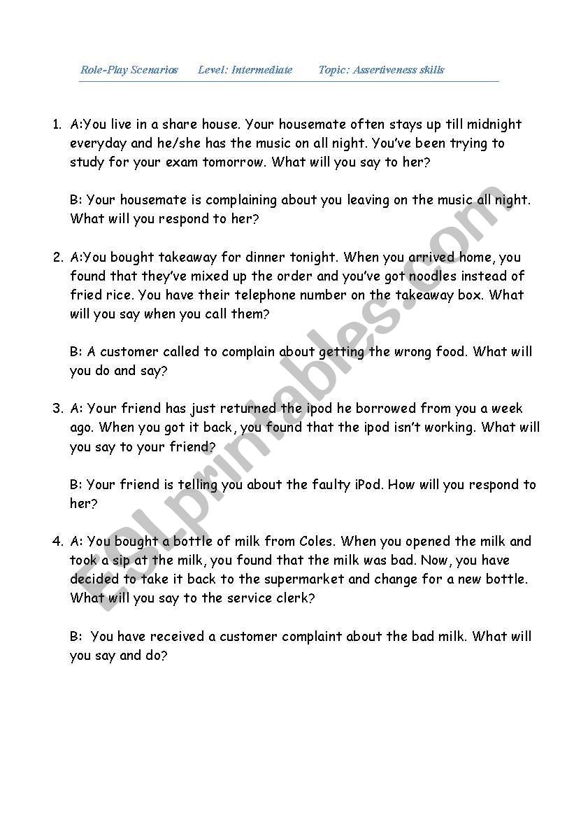 English Worksheets Assertiveness Skills Role Play Scenarios
