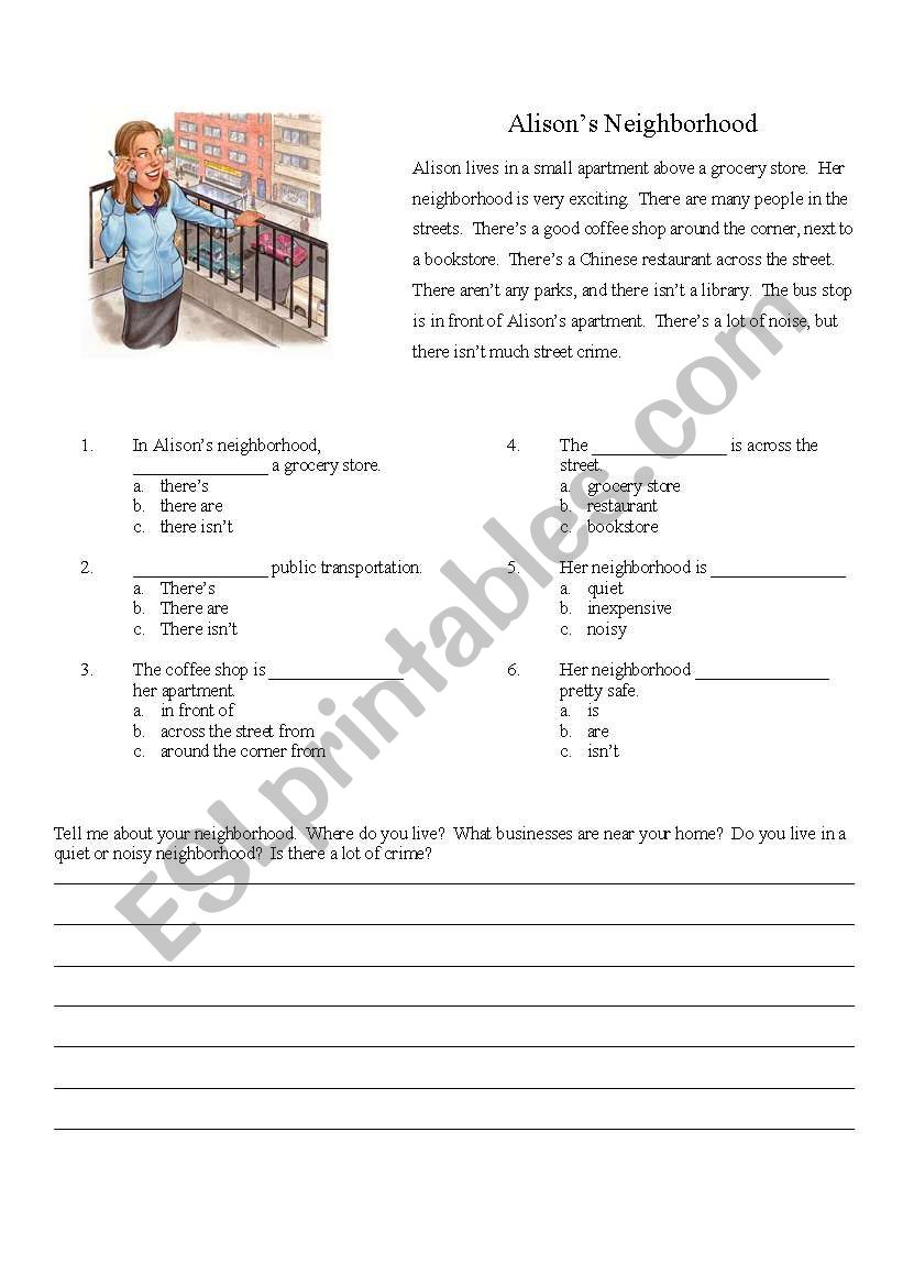 Alison´s Neighborhood from "Taking Off" - ESL worksheet by renmani