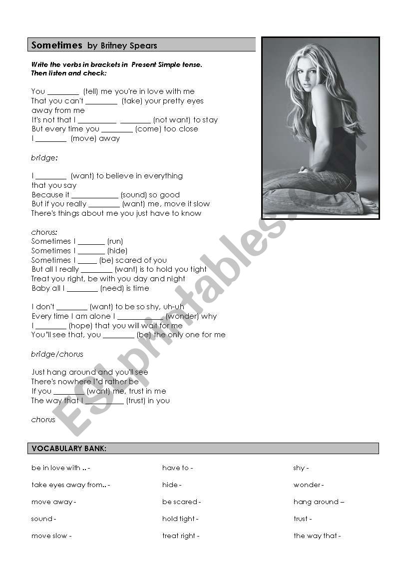 Britney´s song "Sometimes" Present Simple - very easy - ESL worksheet ...