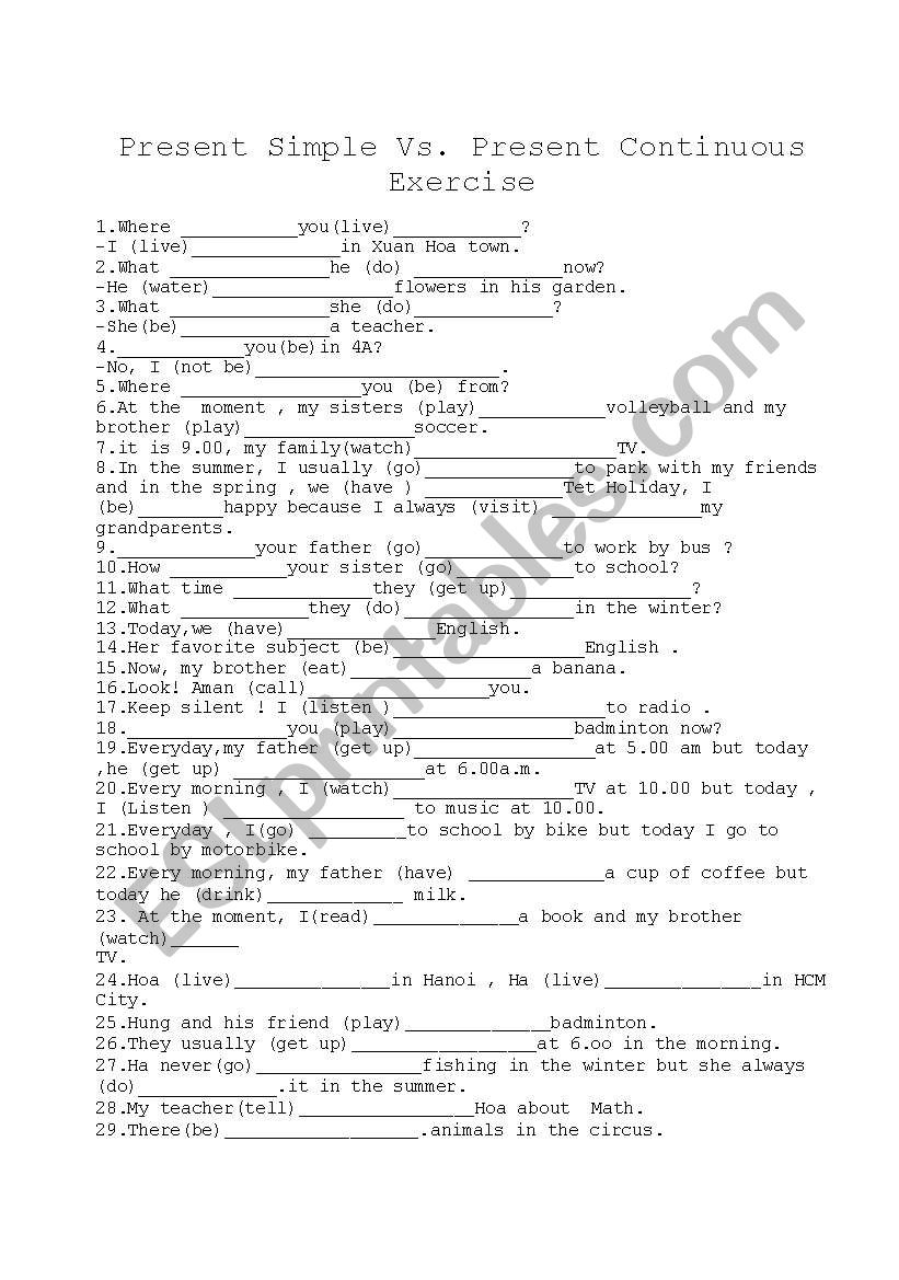 Present Simple Vs Present Continuous Exercises Text Texte Pr f r 
