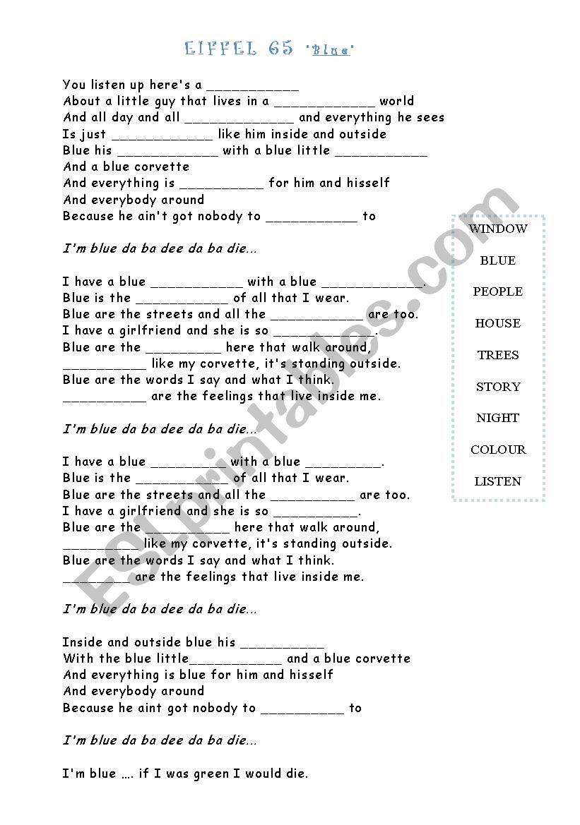 Song: I´m blue (Eiffel 65) - ESL worksheet by martatp12