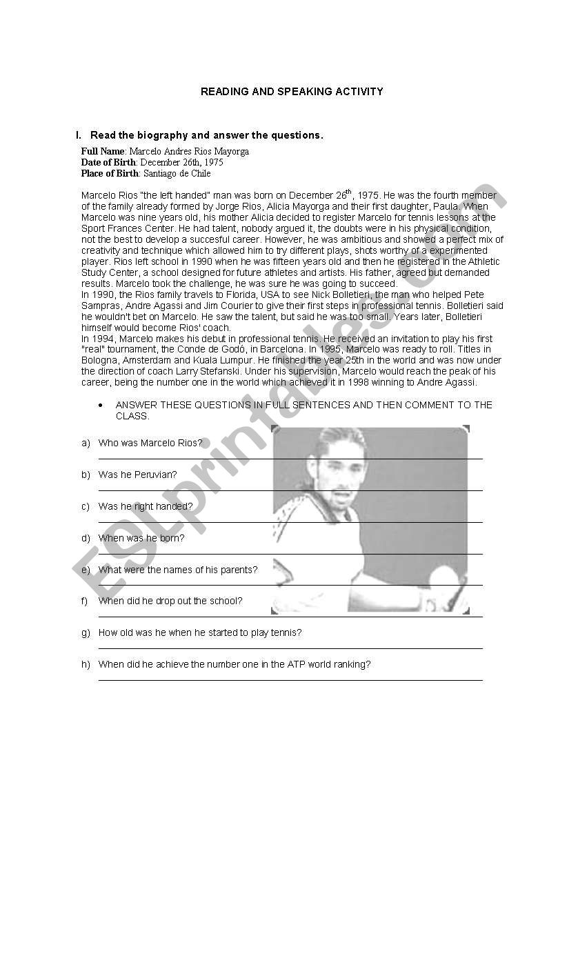 English worksheets: Marcelo Rios´s biography