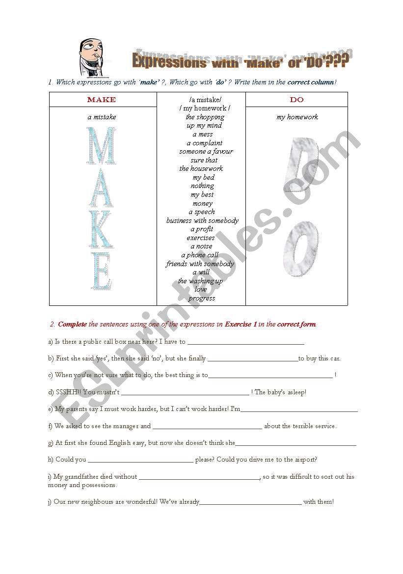 Expressions with ´Make´ or ´Do´ - ESL worksheet by Mr Jazz