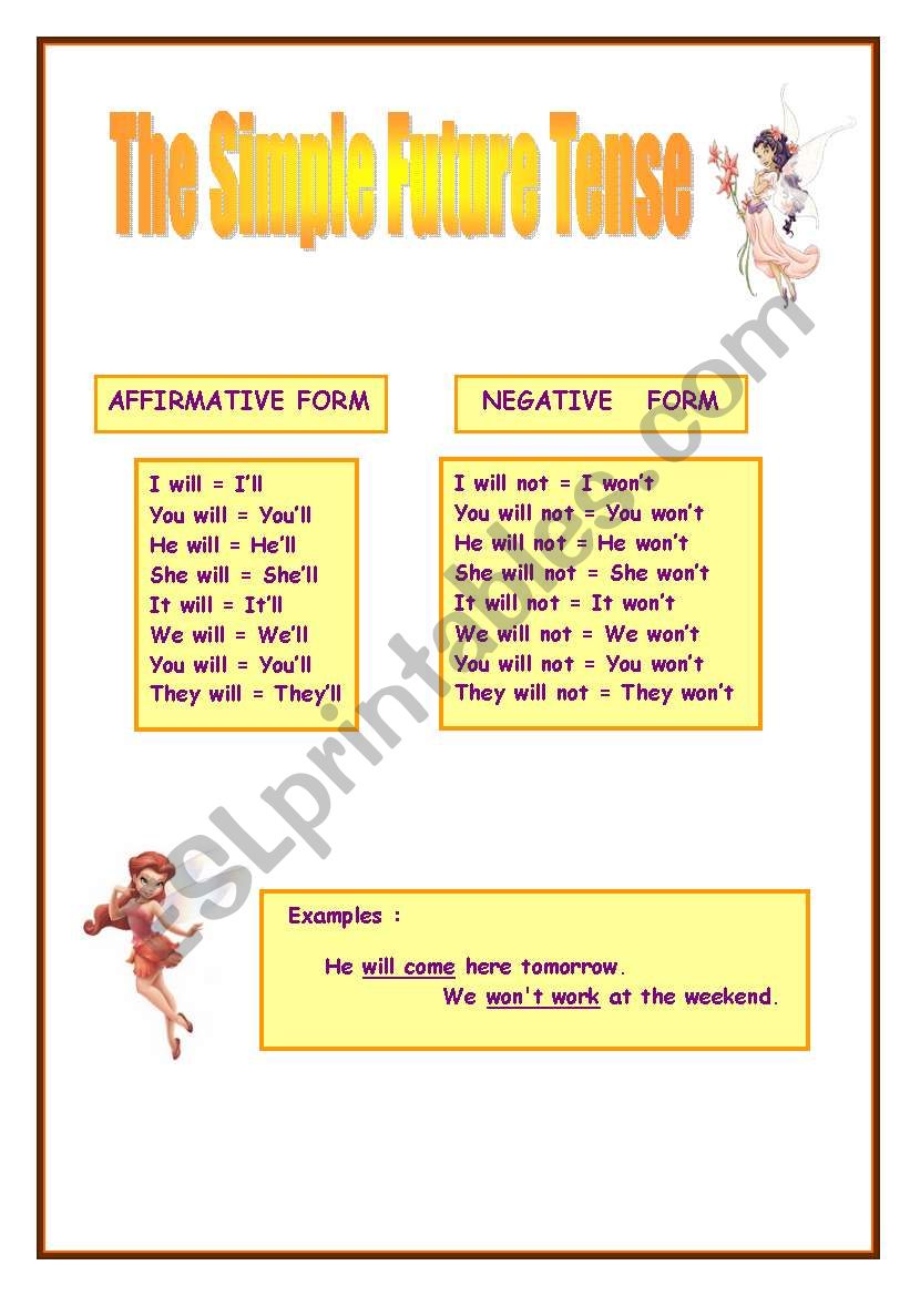 English worksheets: Simple Future Tense (affirmative and negative form)