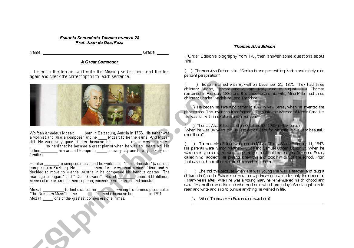 English Worksheets A Freat Composer