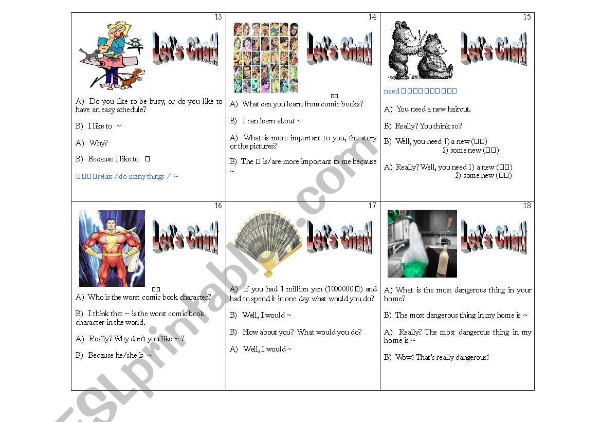 Let´s Chat ! Conversation cards 13-24 - ESL worksheet by ponyo90