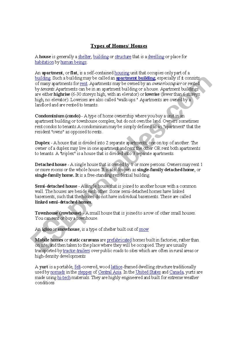 types of houses - ESL worksheet by parm