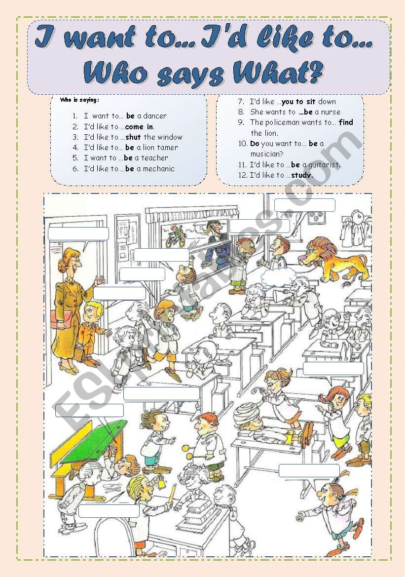 I want to... I´d like to... Patterns - Professions - ESL worksheet by ...
