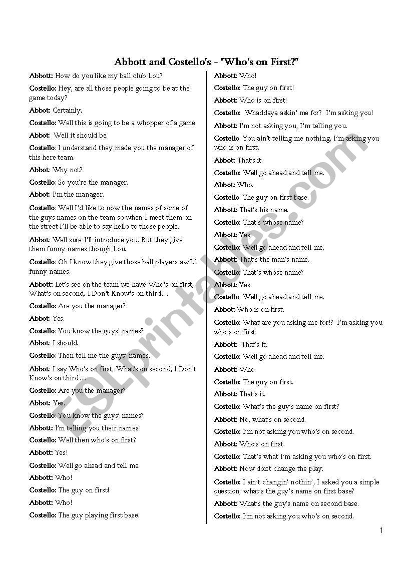 English worksheets: Who´s on First - Abbott and Costello routine ...