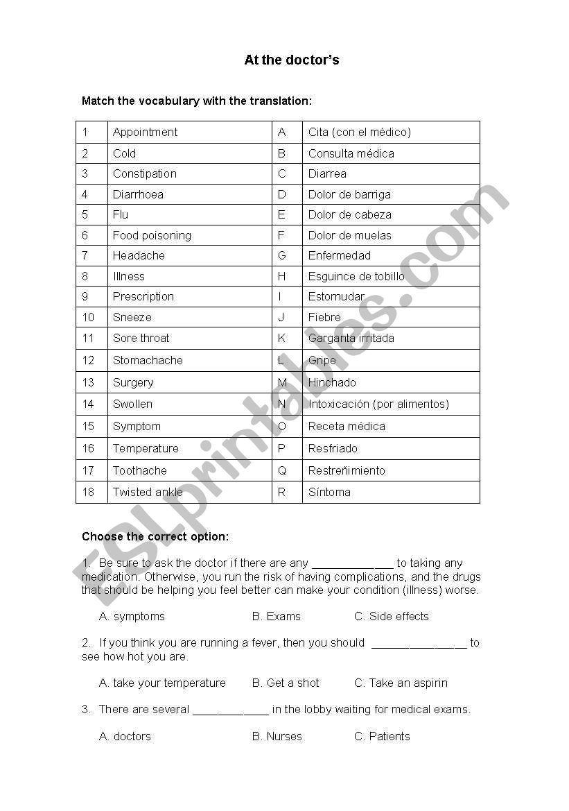 English worksheets: At the doctor´s