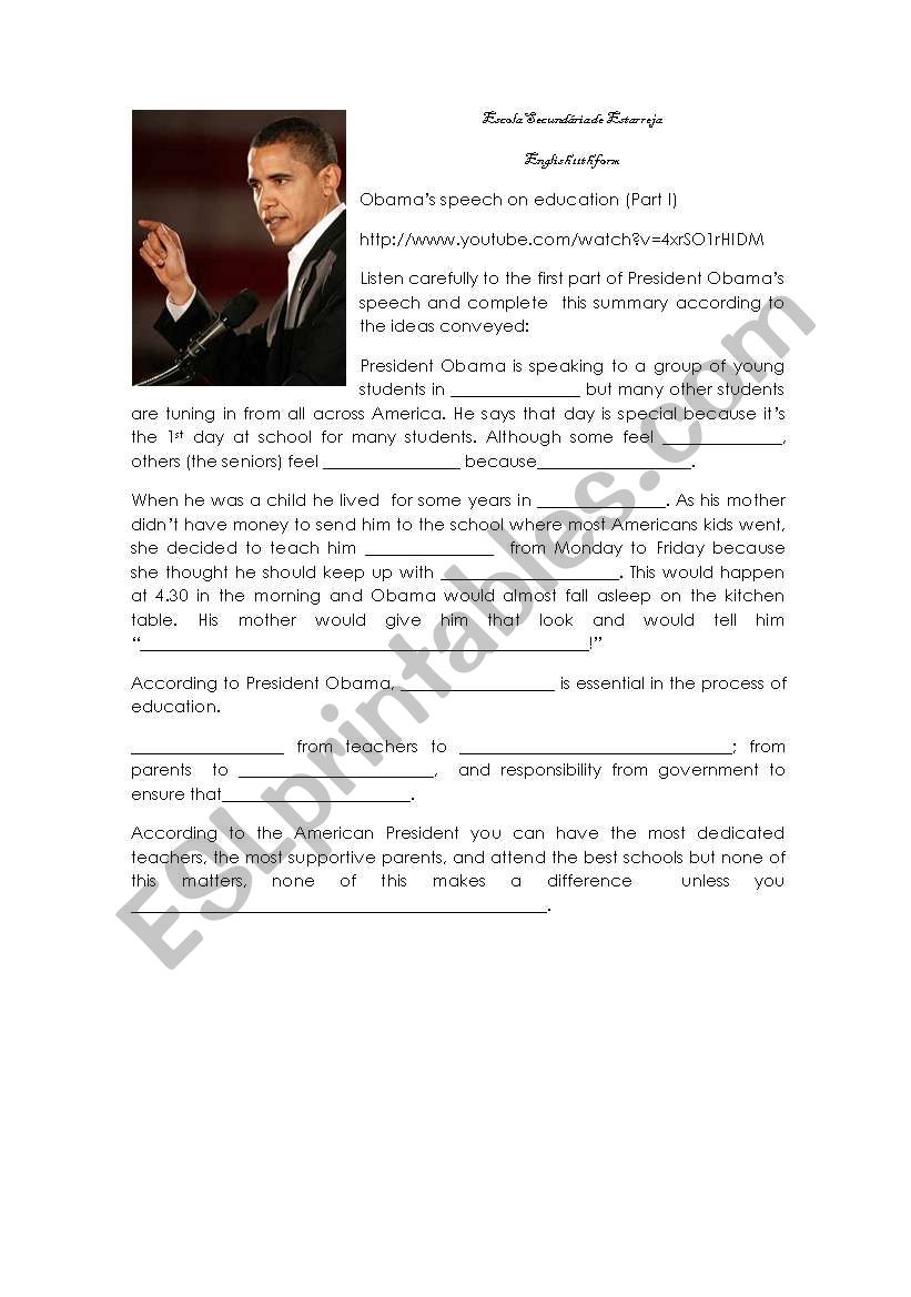 President Obama´s speech on the importance of education - ESL worksheet ...