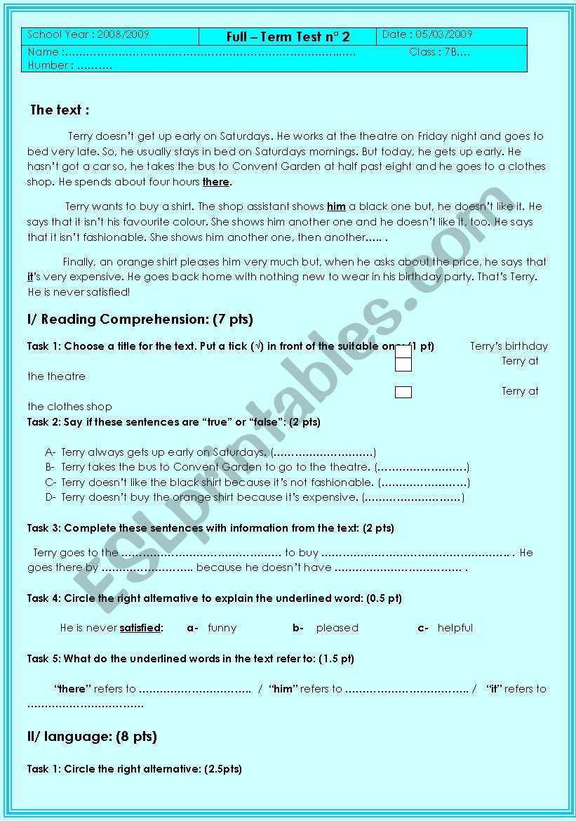 Full-term test n°2 - ESL worksheet by ons+adem