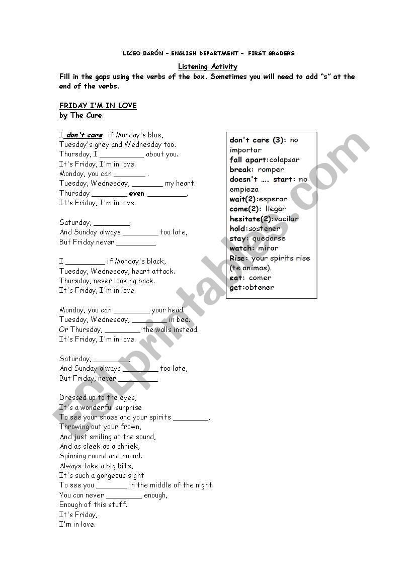 English worksheets: Friday I´m in love by The Cure