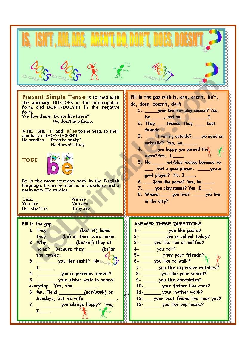 AM, IS, ARE, AREN´T, DO, DON´T, DOES, DOESN´T - ESL worksheet by GIOVANNI