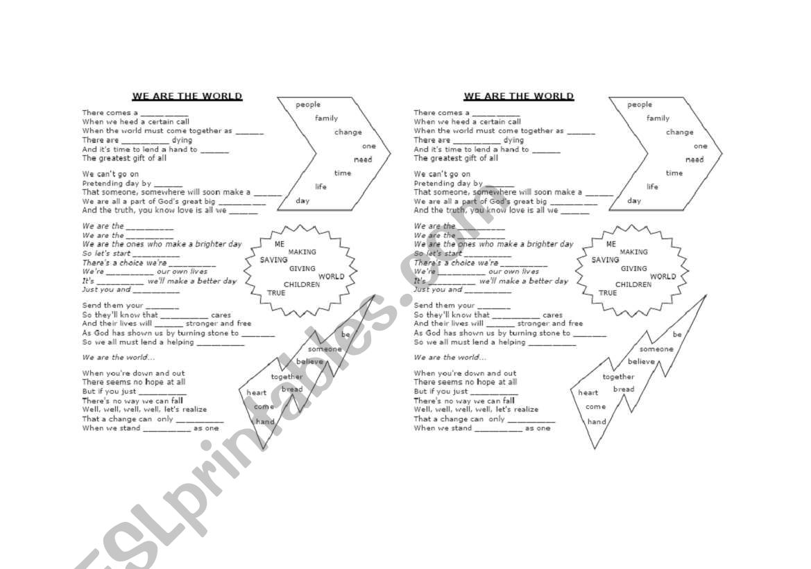 English worksheets: ´We are the World´ Listening