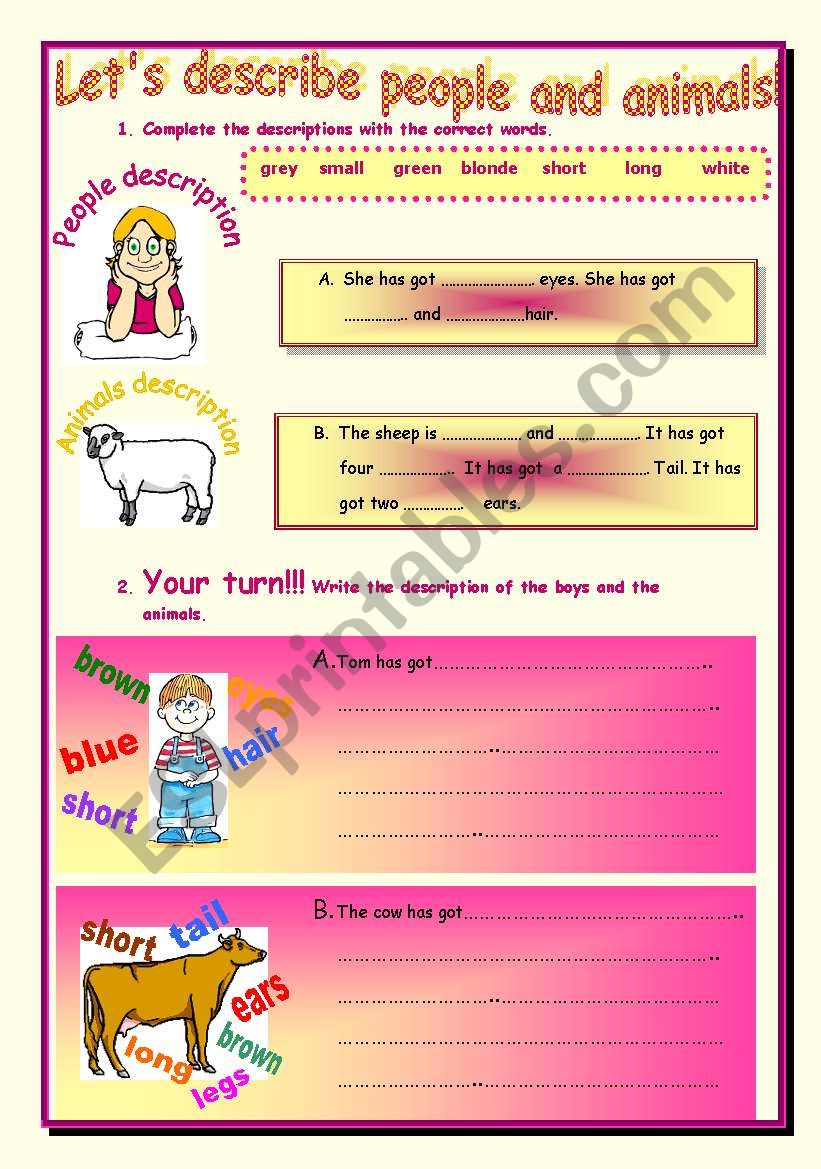 Let´s describe people and animals - ESL worksheet by e-vero