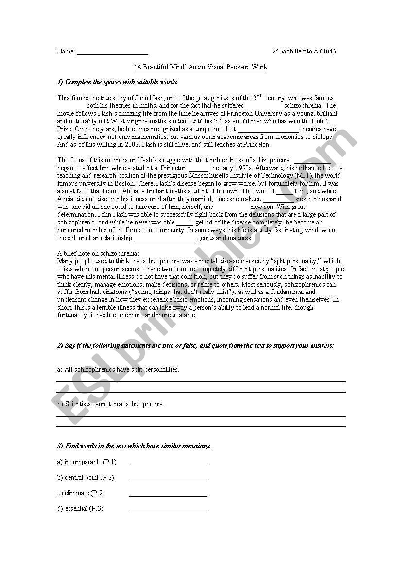 ´A Beautiful Mind´ follow up sheet - ESL worksheet by inglesaenmadrid