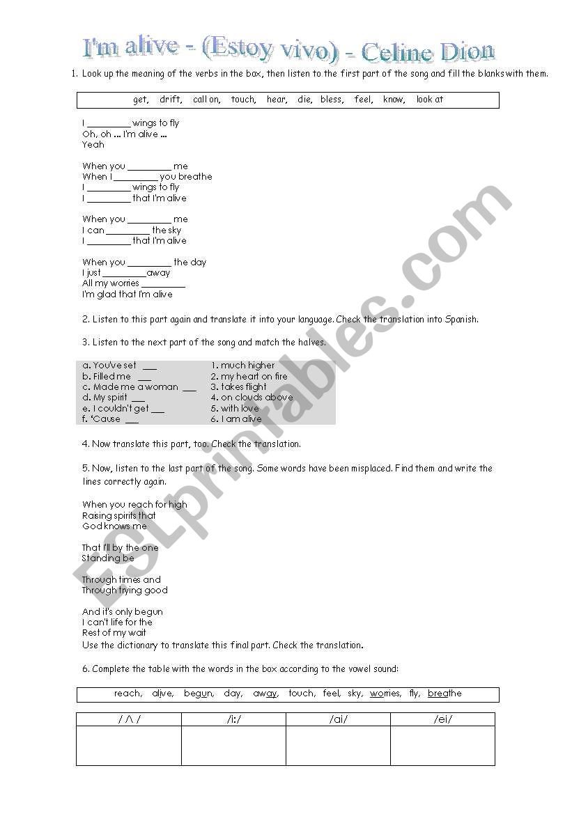 I´m alive- Celine Dion - ESL worksheet by neska10