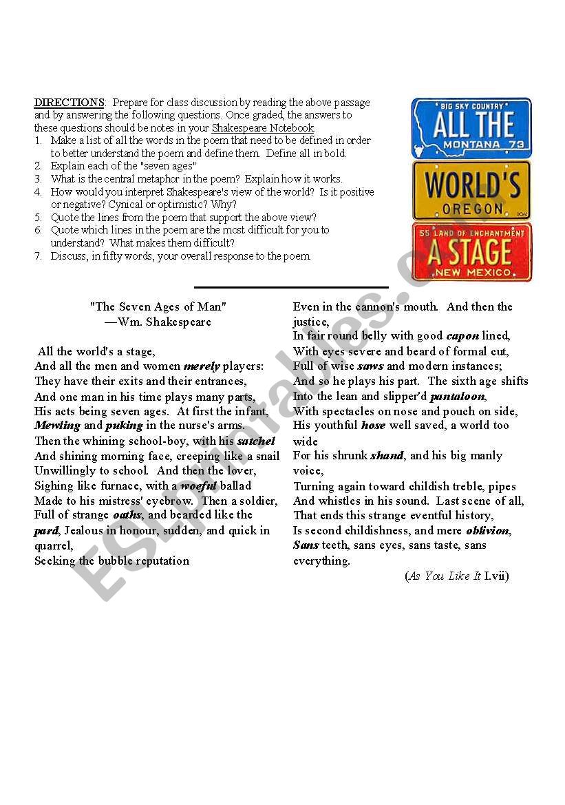 ShakespeareÂ´s "The Seven Ages of Man" activity - ESL worksheet by cgilde