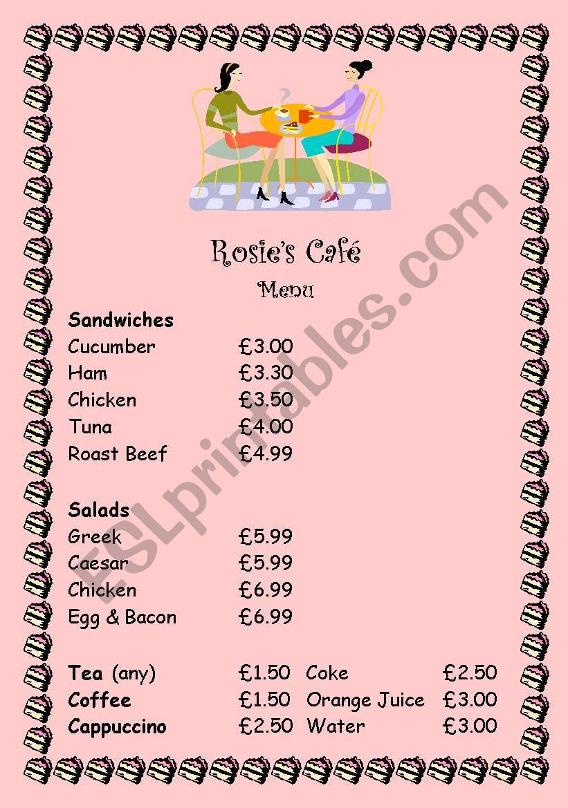 At the Café - Café´s Menu with two suggested dialogues - ESL worksheet ...