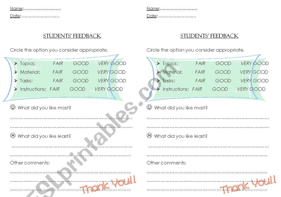 Student´s Feedback - ESL worksheet by margharita