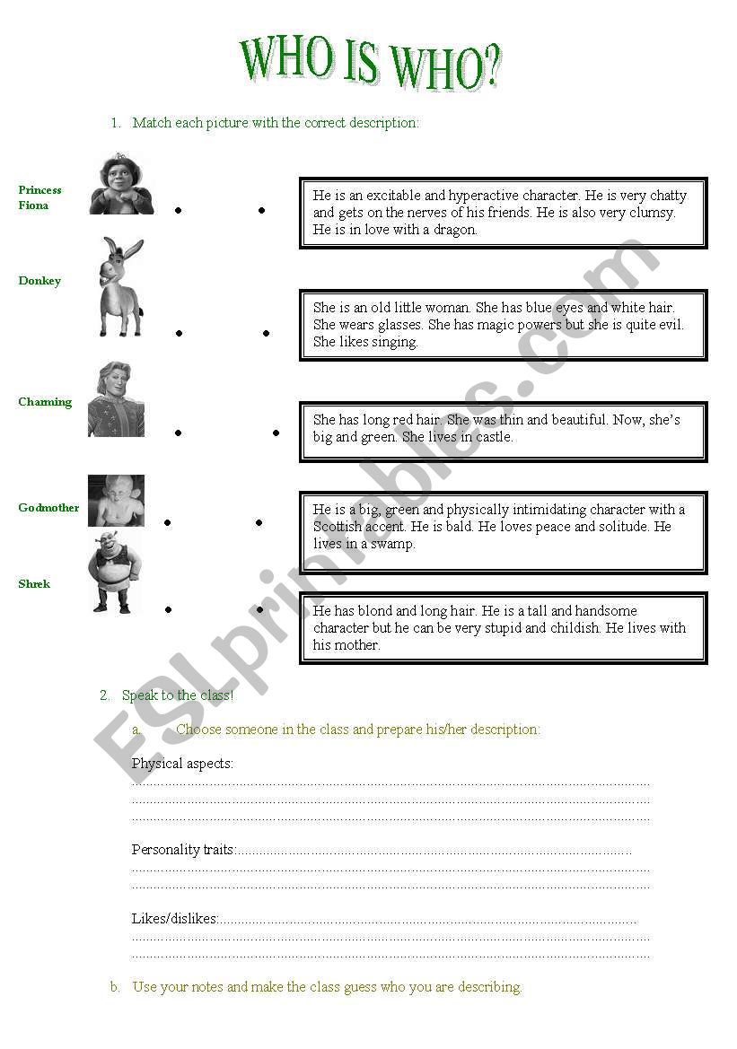 English worksheets: Shrek: who´s who?