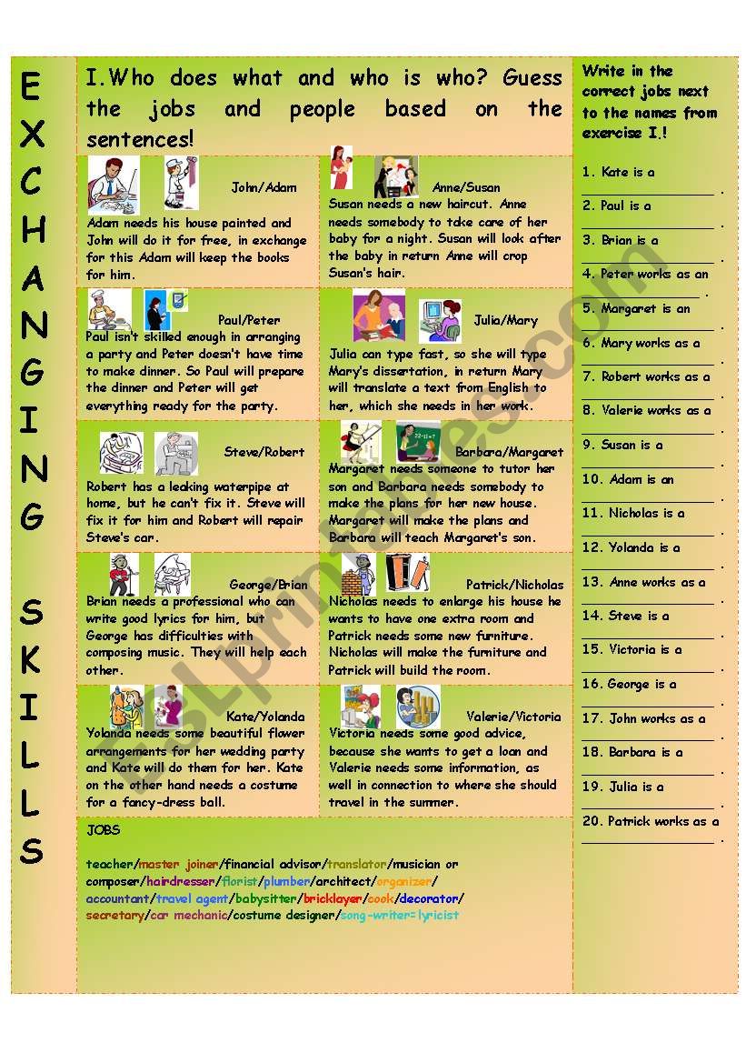 ´Exchanging skills´ guess the jobs - ESL worksheet by mokus19