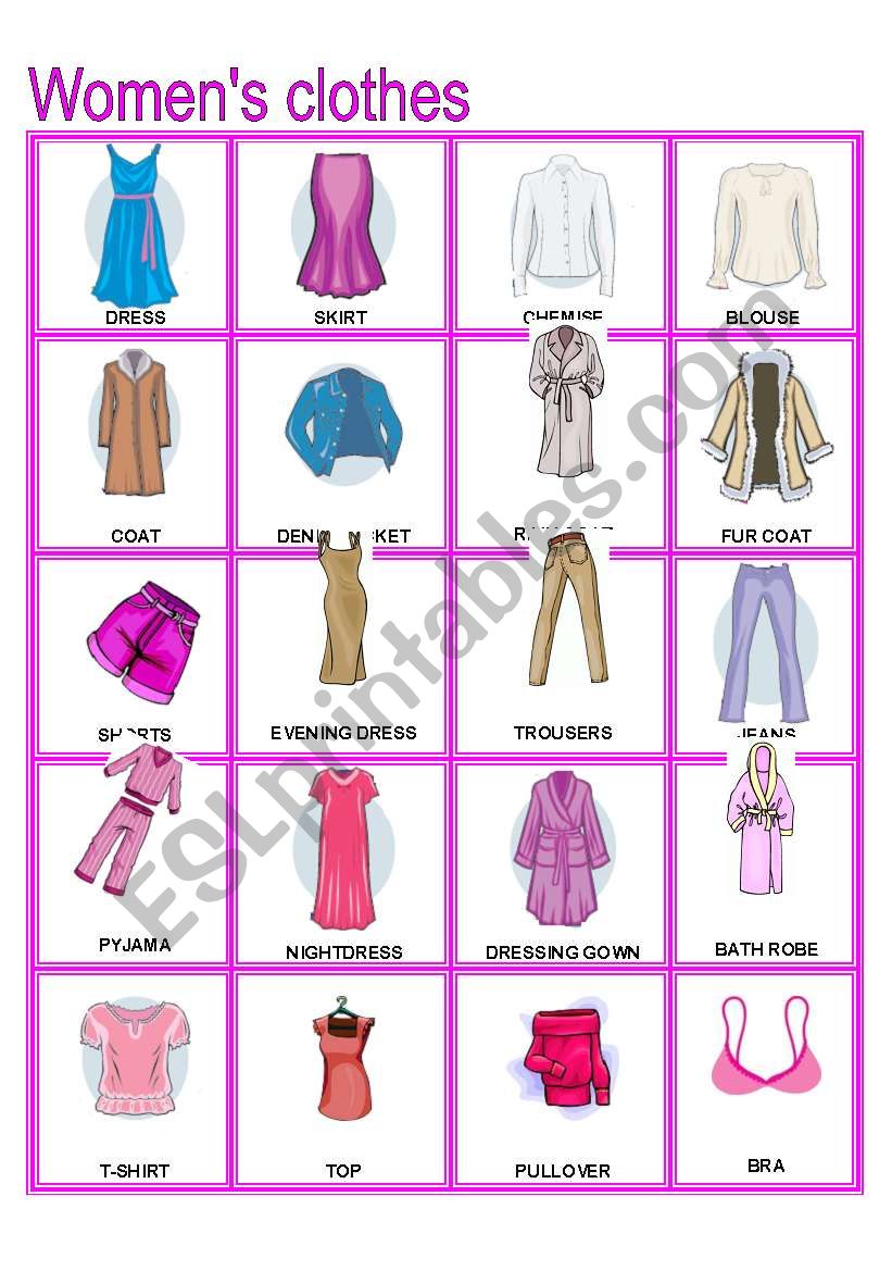 Women´s Clothes Pictionary (Part B) - ESL worksheet by fede117