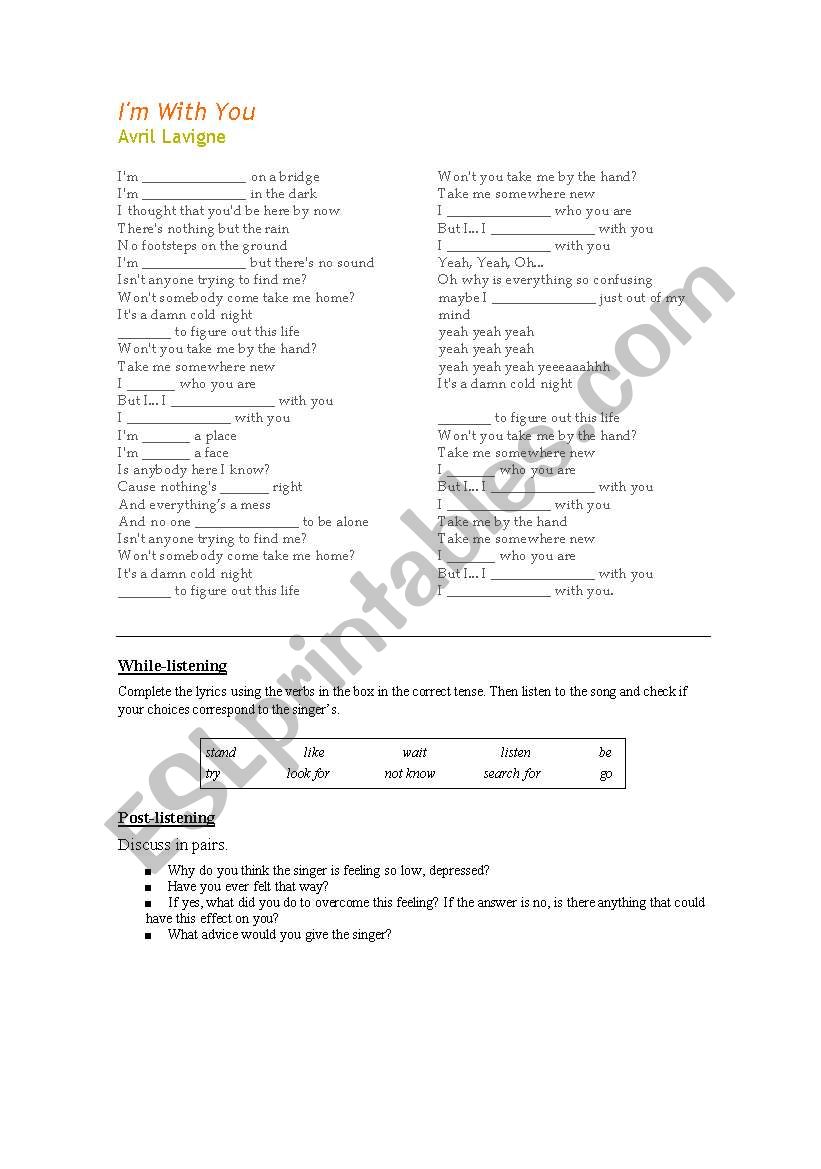 Teaching with song - I´m with you by Avril Lavigne - ESL worksheet by ...