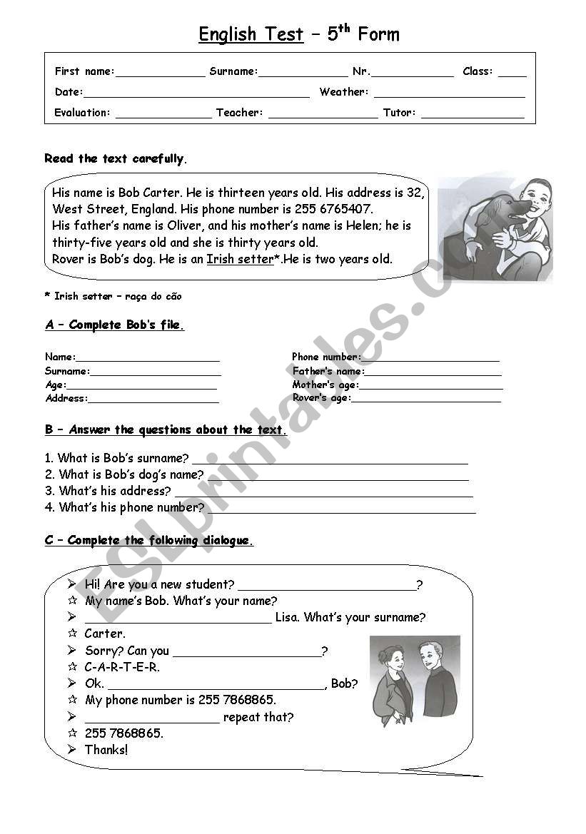 Test 5º Form - ESL worksheet by andpad