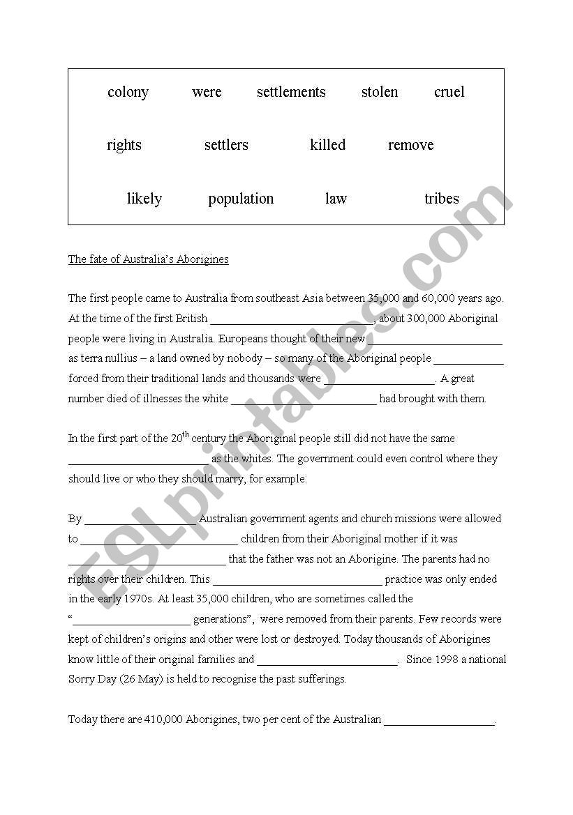 The fate of Australia´s Aborigines - ESL worksheet by Alme und Leander