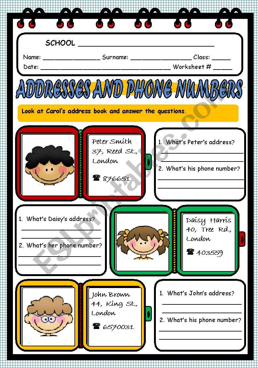 ADDRESSES AND PHONE NUMBERS ESL Worksheet By Evelinamaria