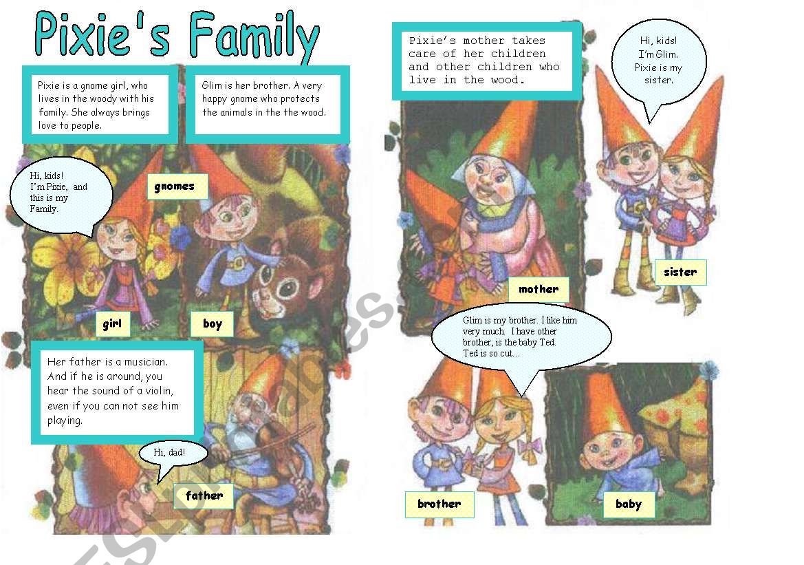 Pixie´s Family - A reading and exercises - ESL worksheet by erica_hoje