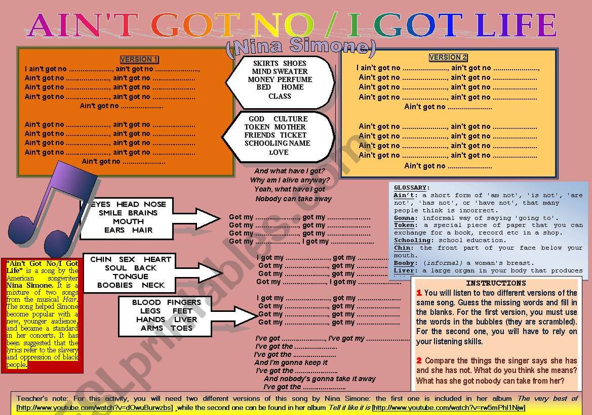 AIN´T GOT NO / I GOT LIFE (Nina Simone) - ESL worksheet by ynllino