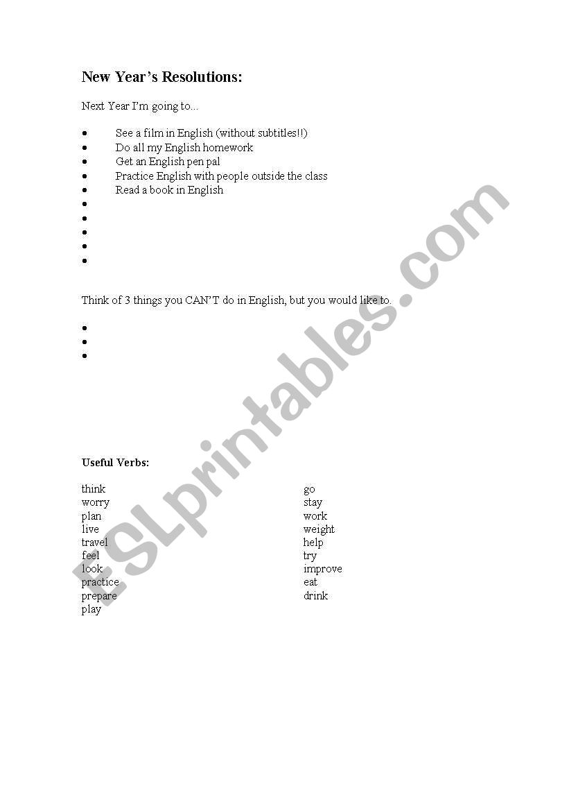 English worksheets: New Year´s Resolutions