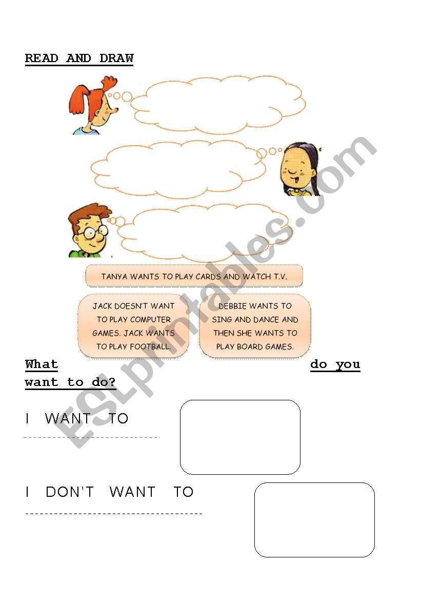 English worksheets: I want / don´t want to do