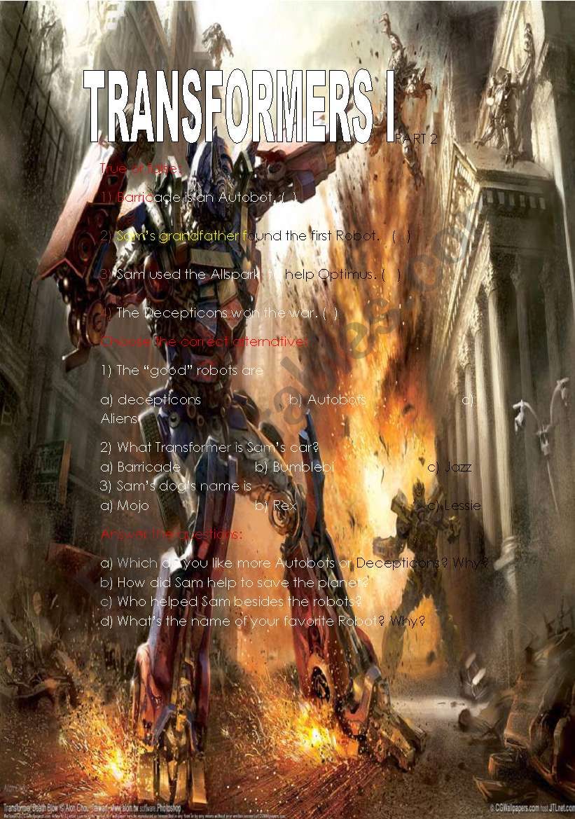 English worksheets: Transformers Pós watching activity
