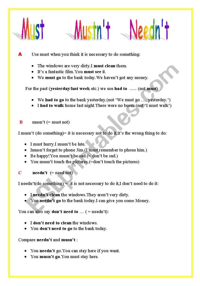 must, musn´t, needn´t - ESL worksheet by superisi84
