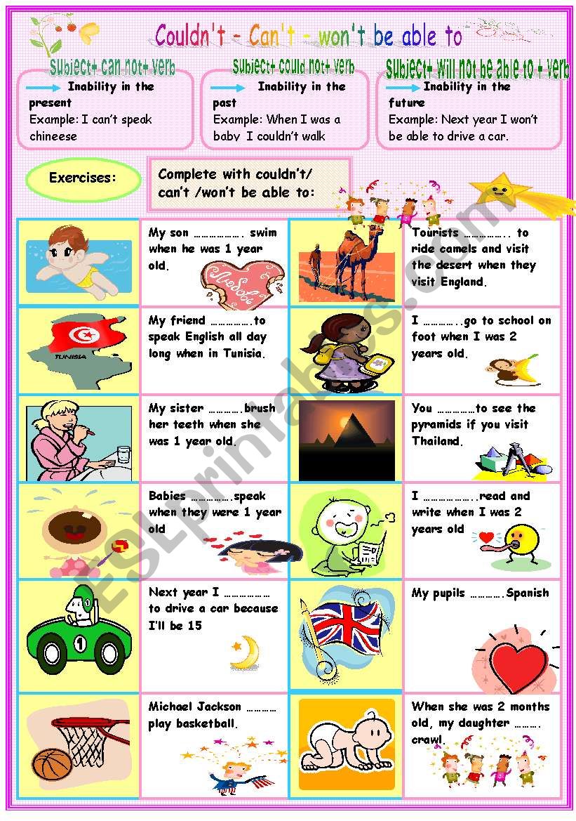 can´t /couldn´t/ won´t be able - ESL worksheet by ben 10 can´t /couldn´t/ won´t be able - ESL worksheet by ben 10