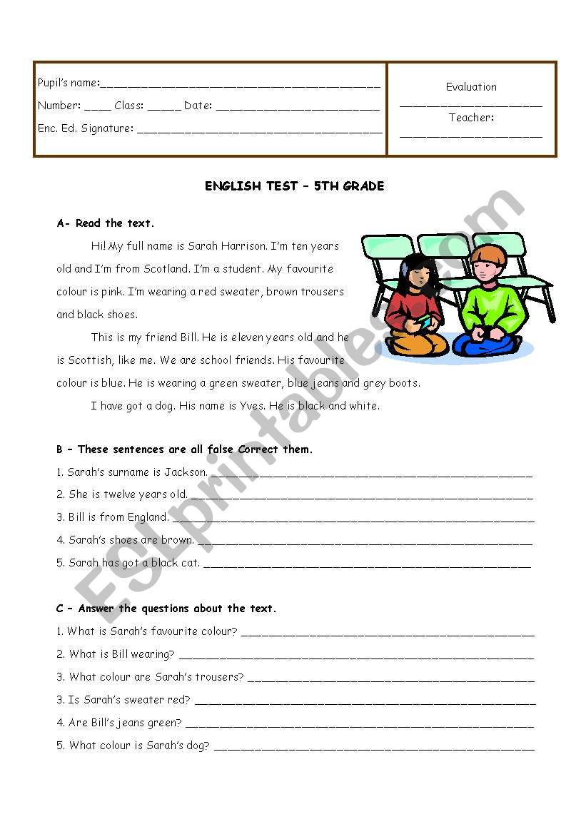Test_5º Grade - ESL worksheet by Cibele