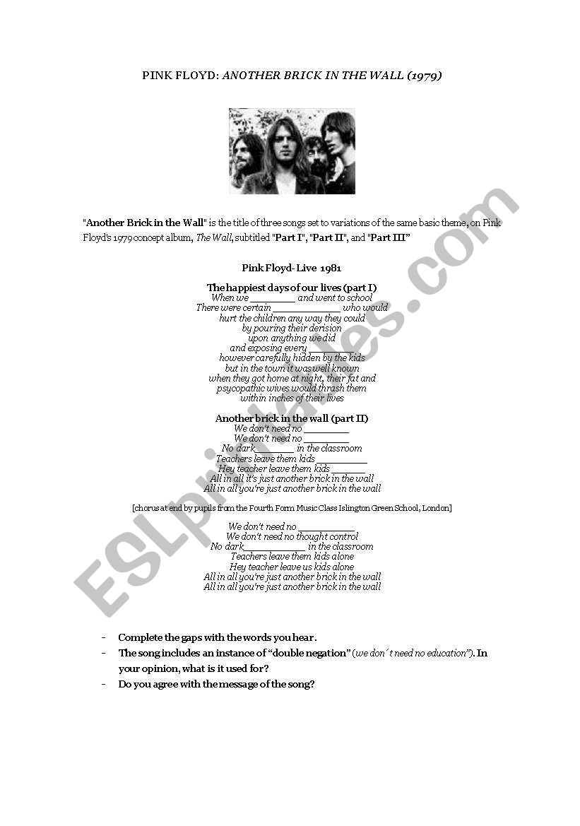pink floyd. we don´t need no education - ESL worksheet by leasin