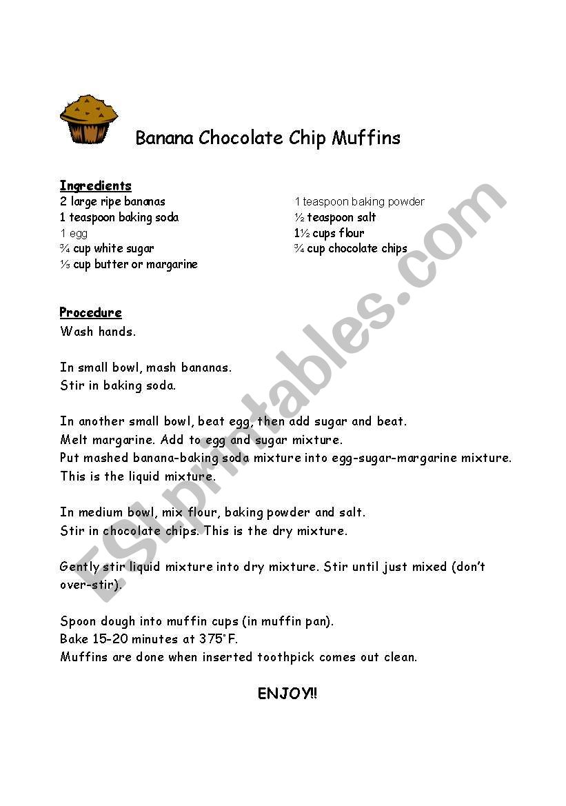 Let´s Bake! Banana Chocolate Chip Muffins - ESL worksheet by i-teach