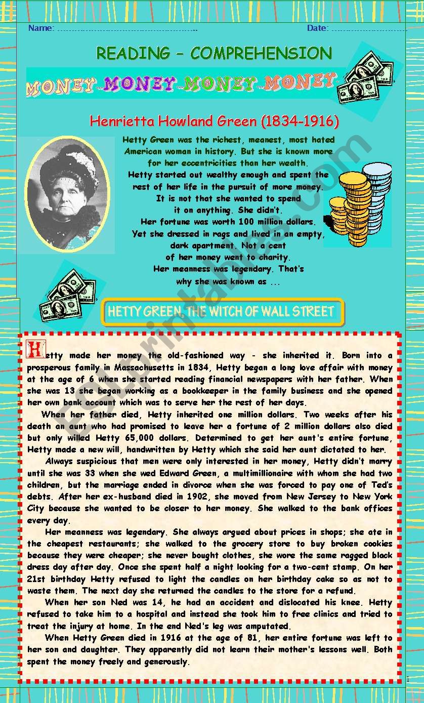 READING COMPREHENSION - ´The Witch of Wall Street´ (Two pages) - ESL ...