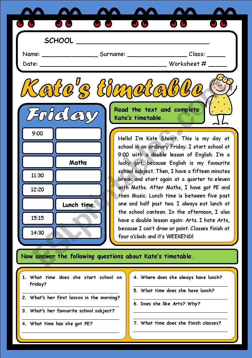 KATE´S TIMETABLE - ESL worksheet by evelinamaria