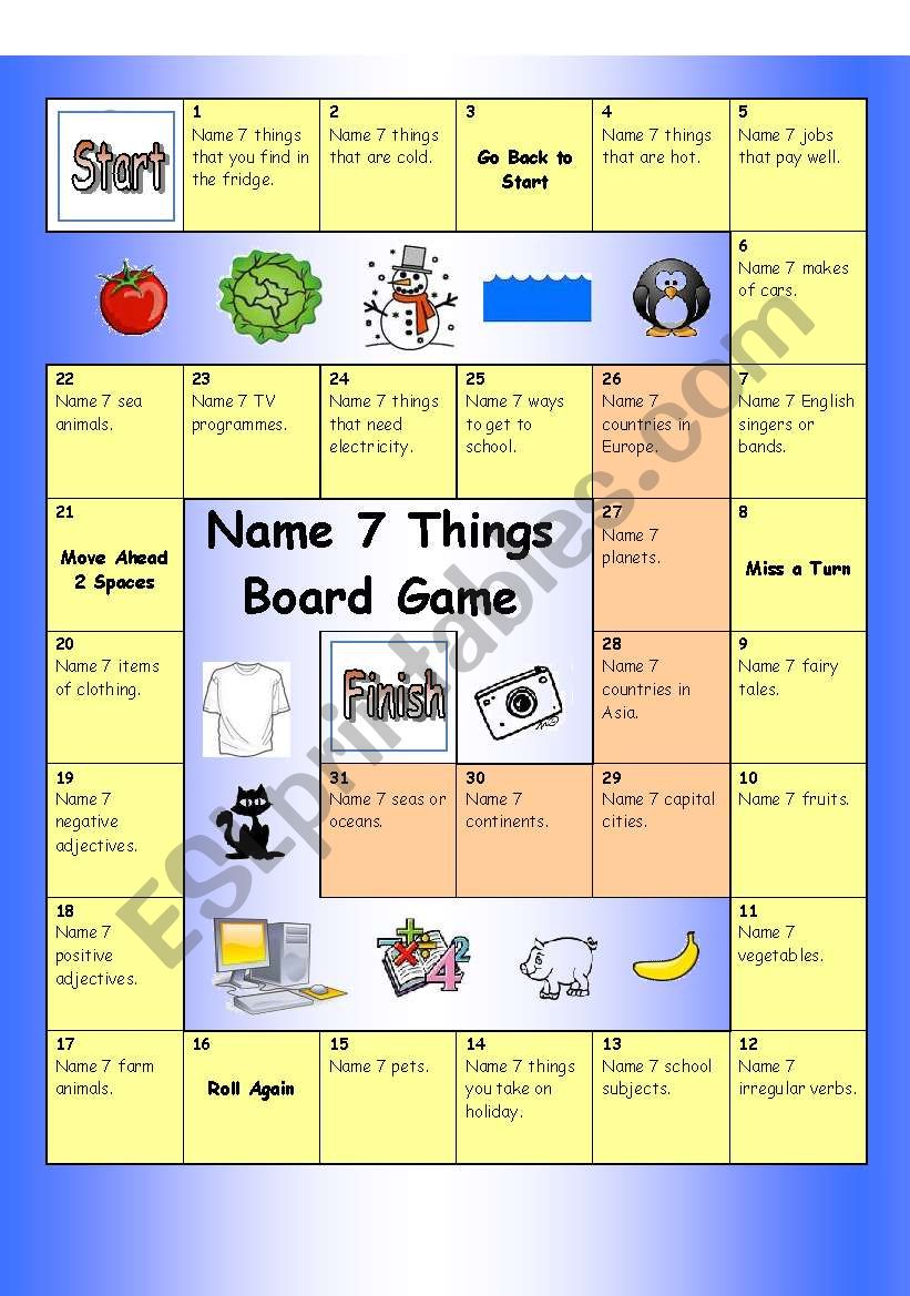 Board Game Name 7 Things Hard ESL Worksheet By PhilipR