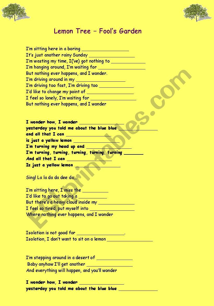 Song: Lemon Tree by Fool´s Garden - ESL worksheet by burela