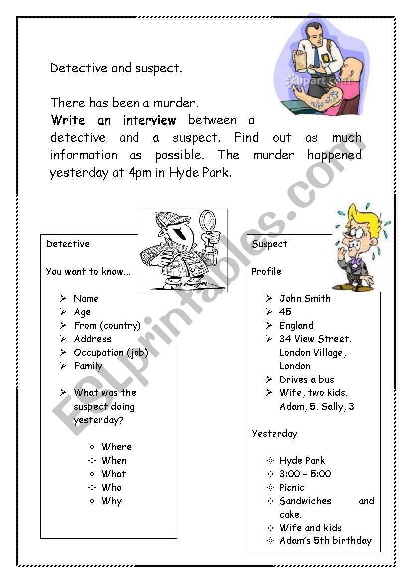 Detective and suspect. ´wh´ questions and asnwers. - ESL worksheet by ...