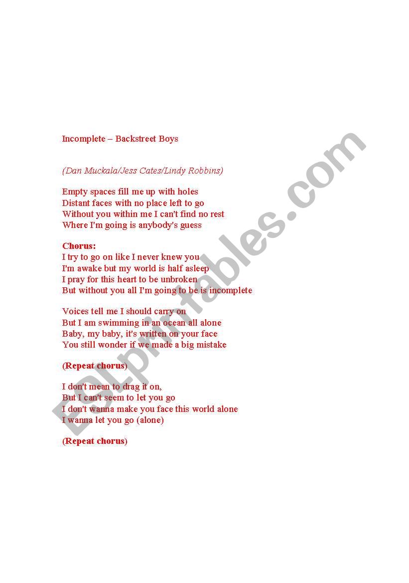 Incomplete Backstreet Boys Lyrics
