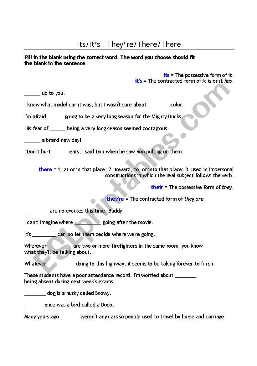 Its/It’s They’re/There/There - ESL worksheet by socantu