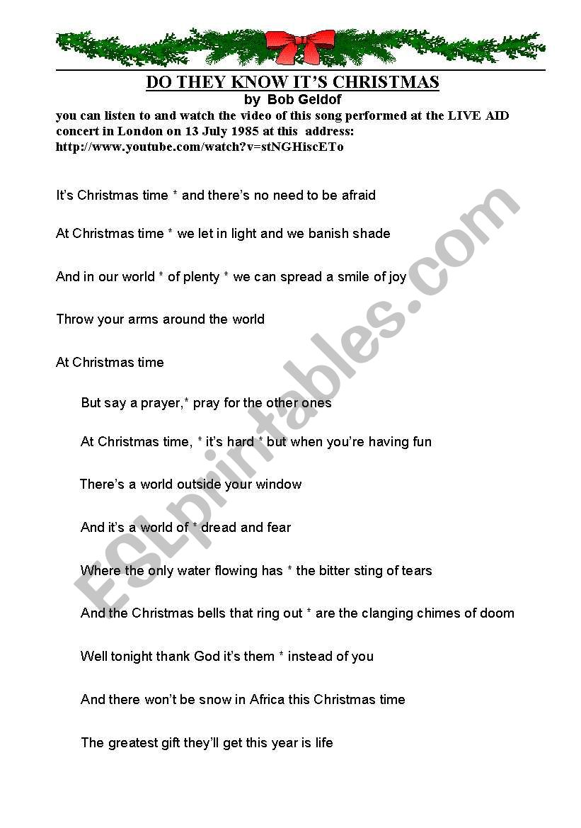 CHRISTMAS SONG: DO THEY KNOW ITÂ´S CHRISTMAS by BOB GELDOF - ESL ...